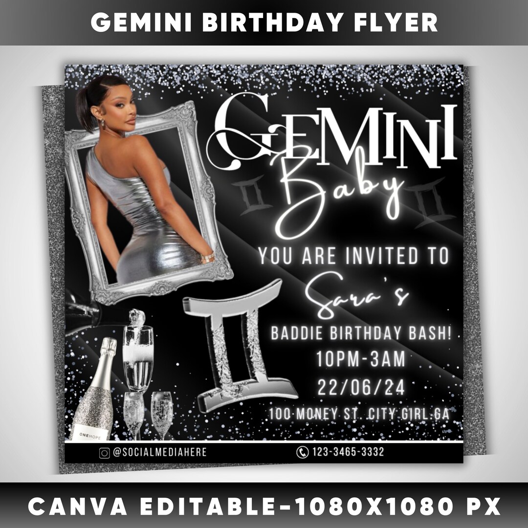 Gemini Birthday Flyer, Gemini Birthday Invitation, Birthday Event ...