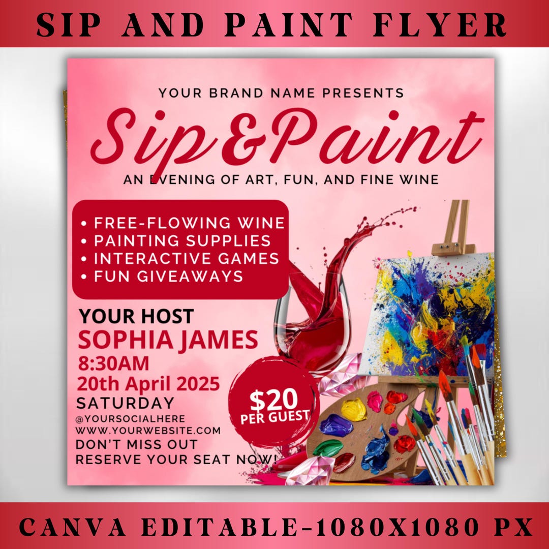 Sip and Paint Flyer, Paint Party Flyer, DIY Flyer Template Design, Premade Business Event Flyer ...
