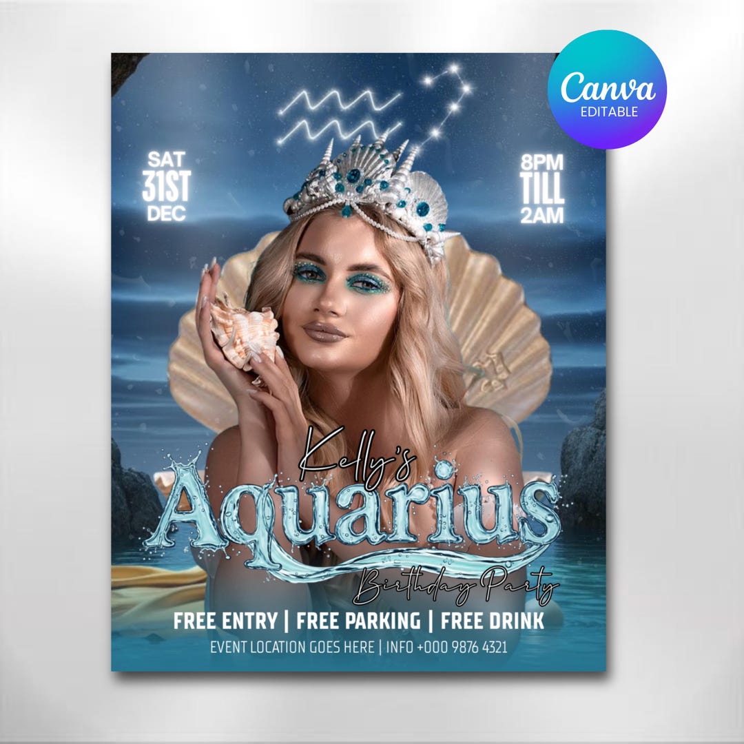 Aquarius Birthday Flyer for Her, Aquarius Mermaid Birthday Flyer ...