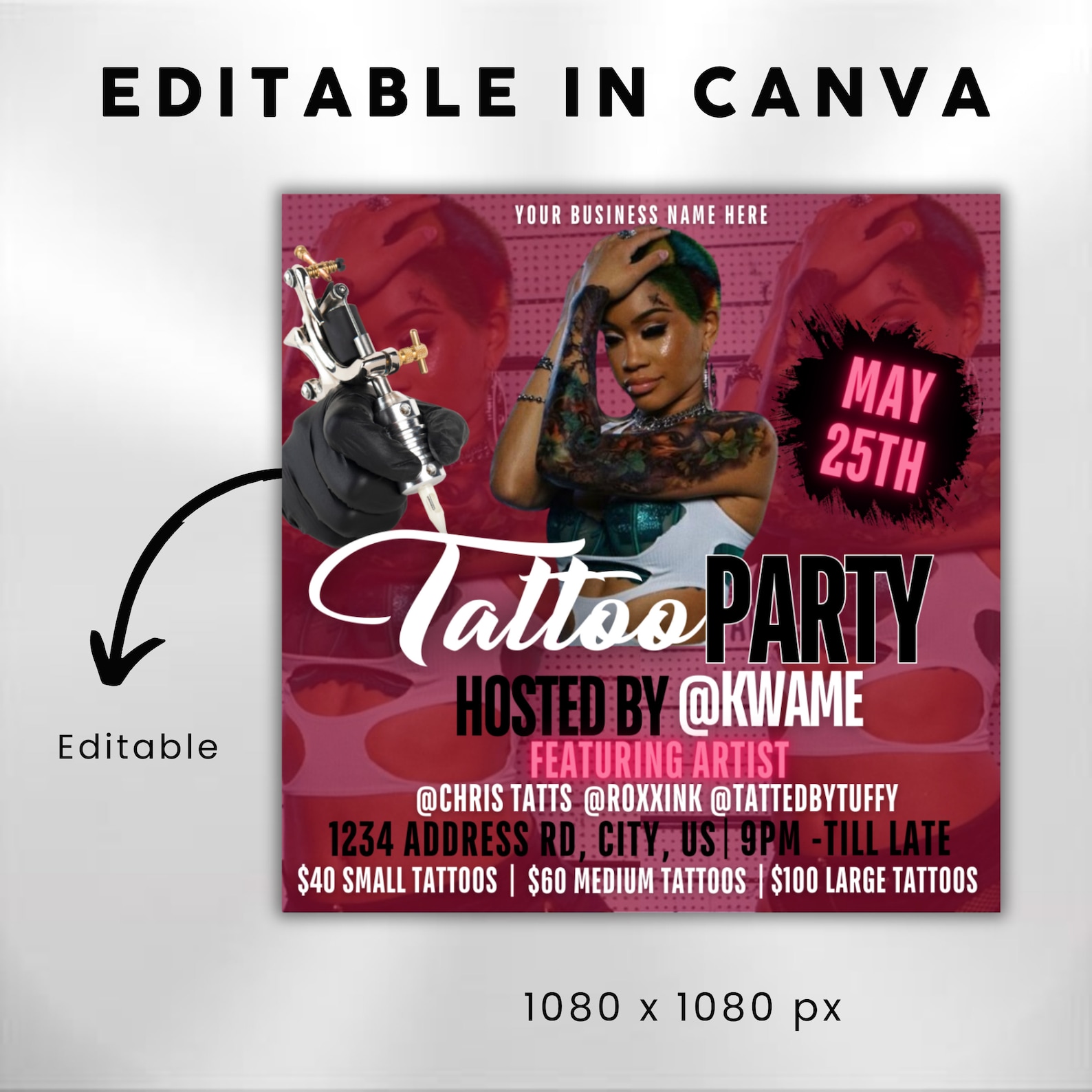 Tattoo Party Flyer, Tattoo Artist, Tattoo Party Invitation, Tattoo Shop ...