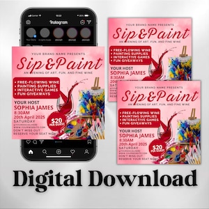 Sip and Paint Flyer, Paint Party Flyer, DIY Flyer Template Design ...