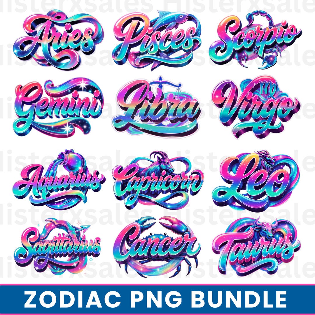 12 Zodiac PNG Bundle, Horoscope Designs for Sublimation, Printable ...