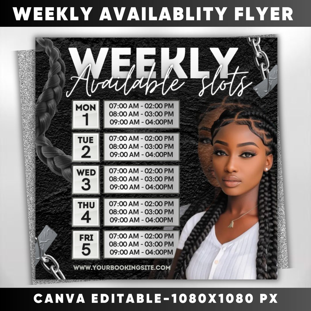 Weekly Availability Time Slots Flyer, Weekly Availability Calendar ...