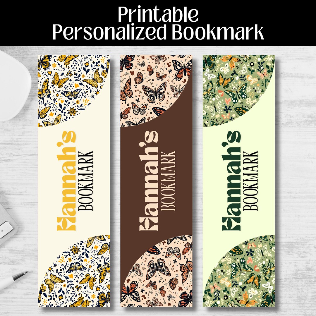 Printable Butterfly Bookmark Set of 3 | Personalized 2x7 Name Bookmarks ...