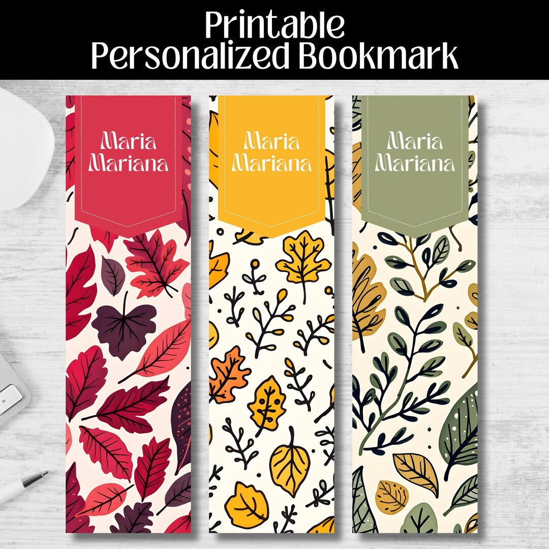 Printable Leaves Bookmark Set of 3 - Personalized 2x7 Name Bookmarks ...