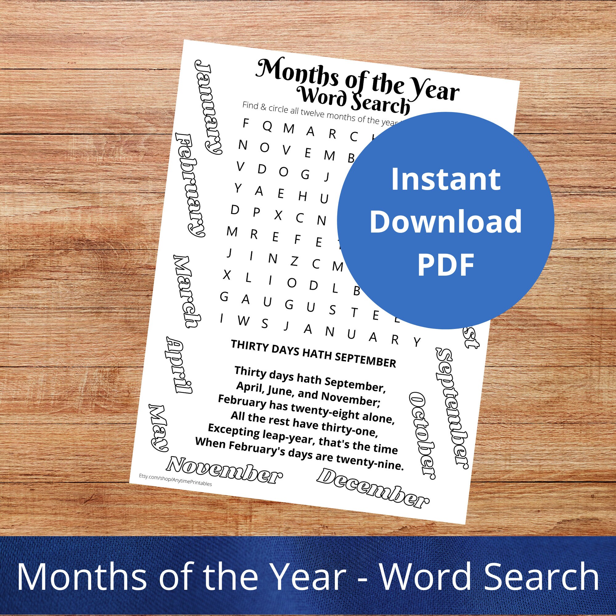 Months of the Year Word Search Printable With Answer Key, 30 Days Hath ...