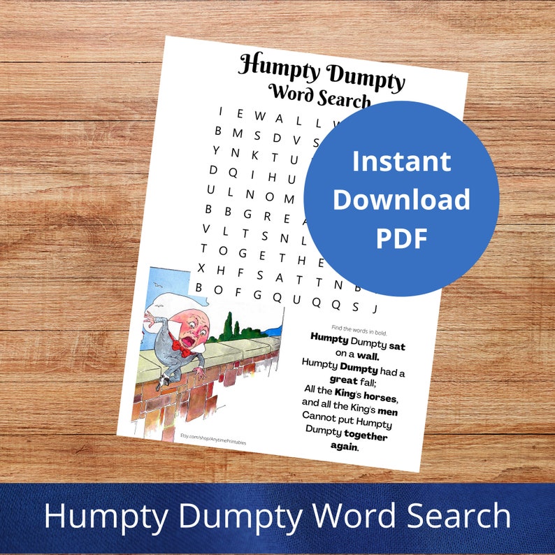 Humpty Dumpty Nursery Rhyme Word Search Printable With Answer Key - Etsy