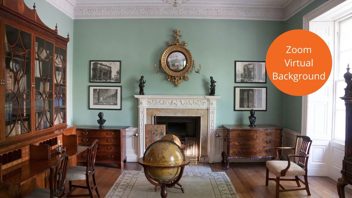 Zoom Study, Bookshelf Background, Green Wall, Digital Virtual ...