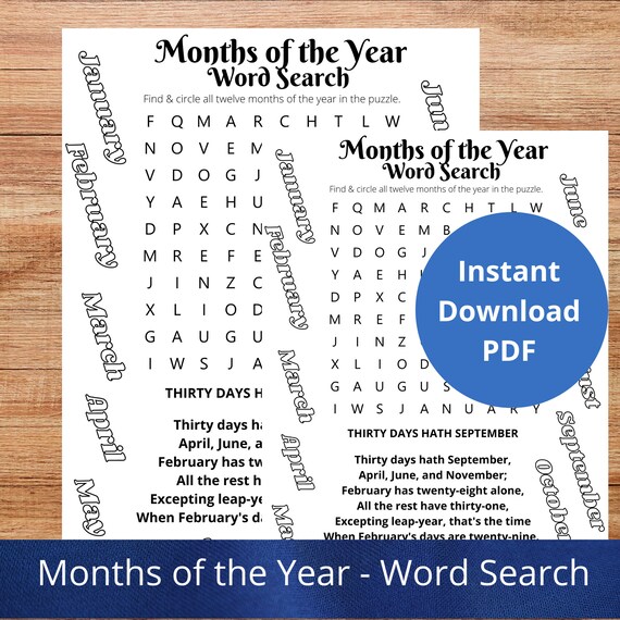 Months of the Year Word Search Printable With Answer Key 30 - Etsy India