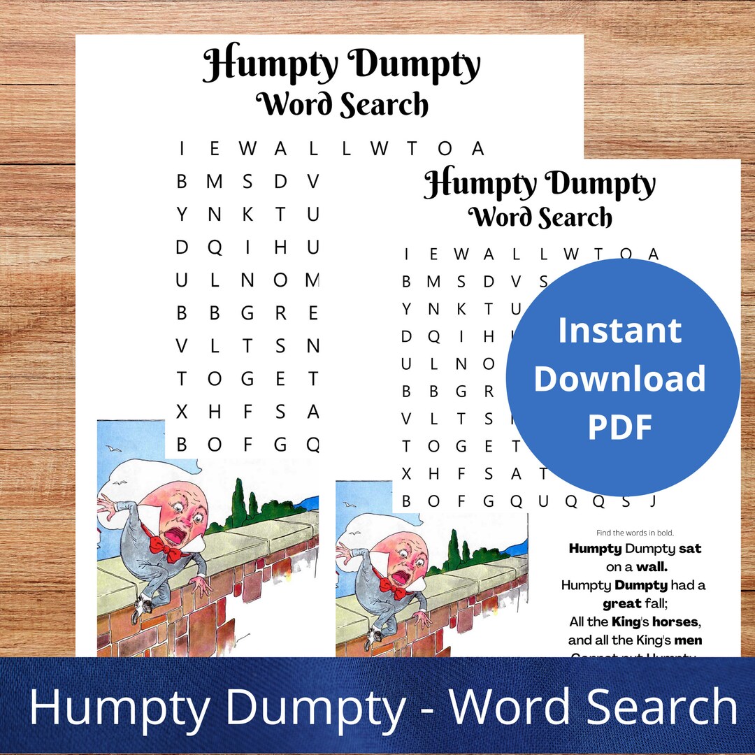 Humpty Dumpty Nursery Rhyme Word Search Printable With Answer - Etsy