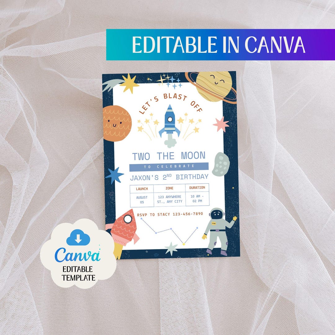 Space Birthday Invitation, Editable Two the Moon Invitation for Boy ...