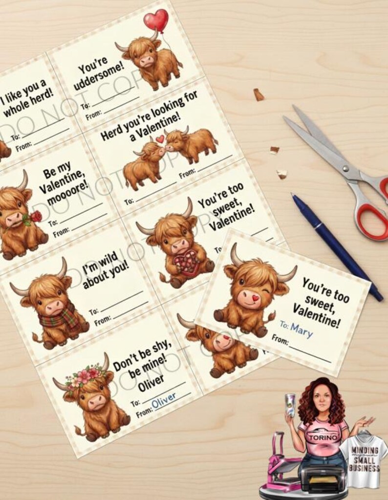 Highland Cow Printable Valentine's Day Cards: Kids Classroom Printbale ...