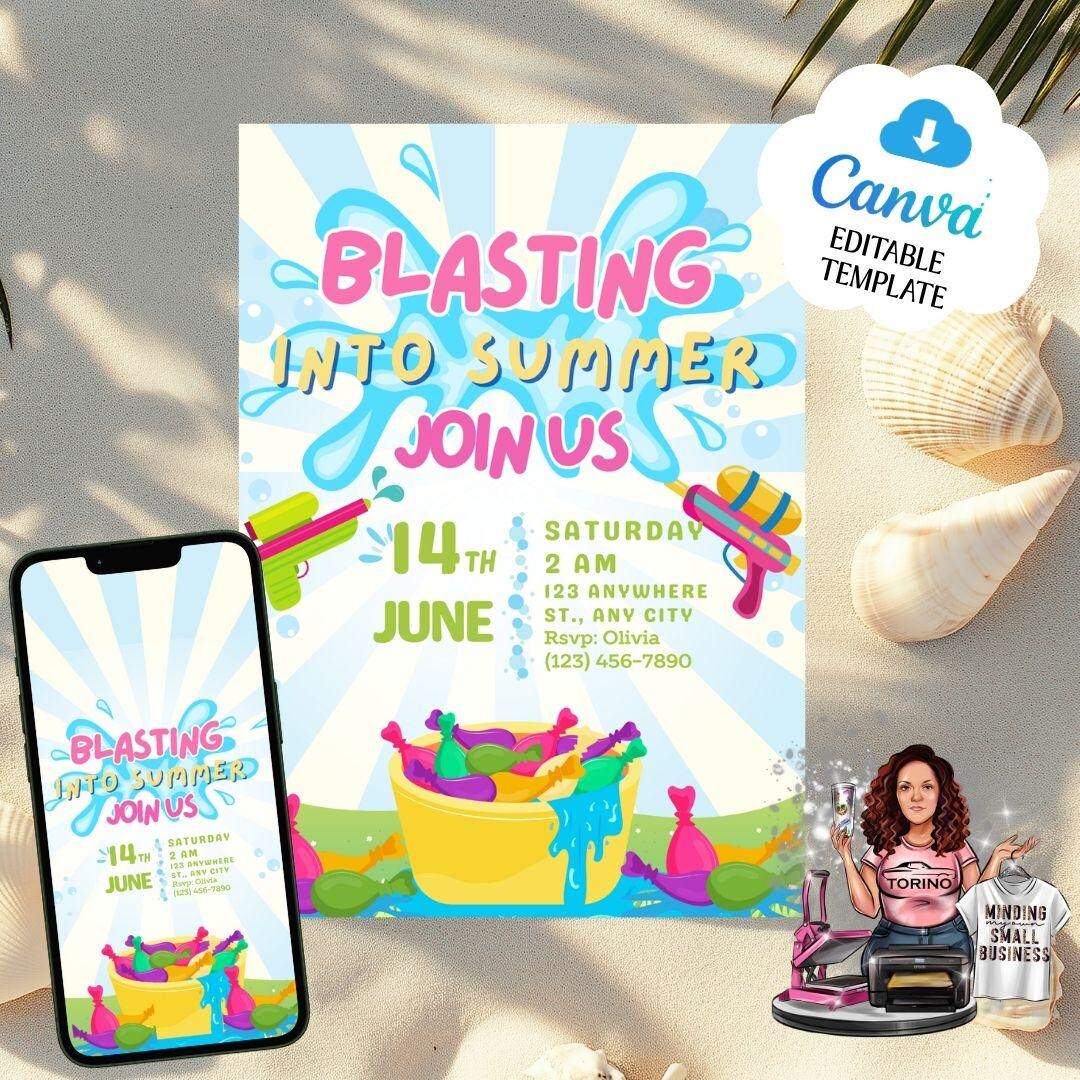 Blasting Into Summer Invitation, Water Gun Birthday Invitation ...