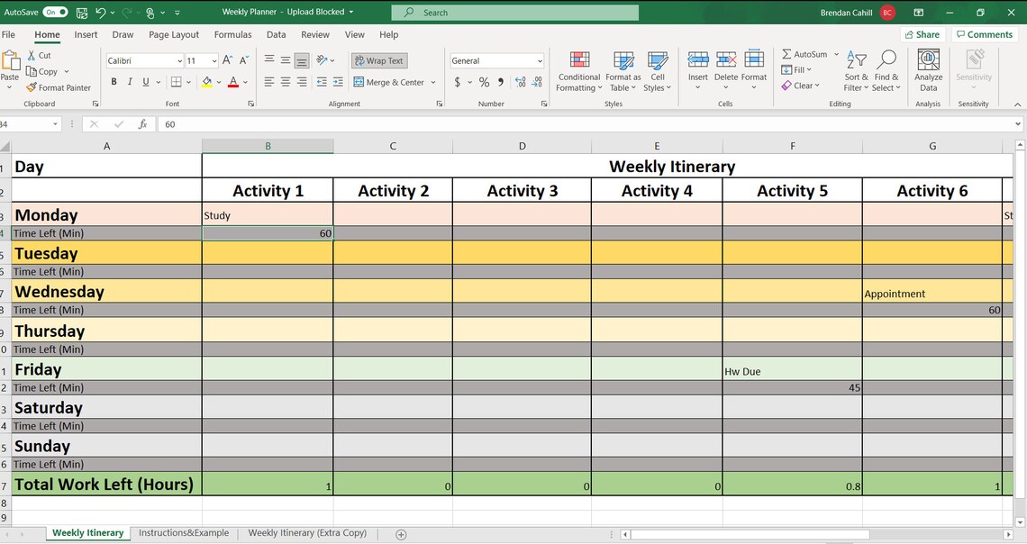 Weekly Digital Activity Planner With Formulas excel - Etsy