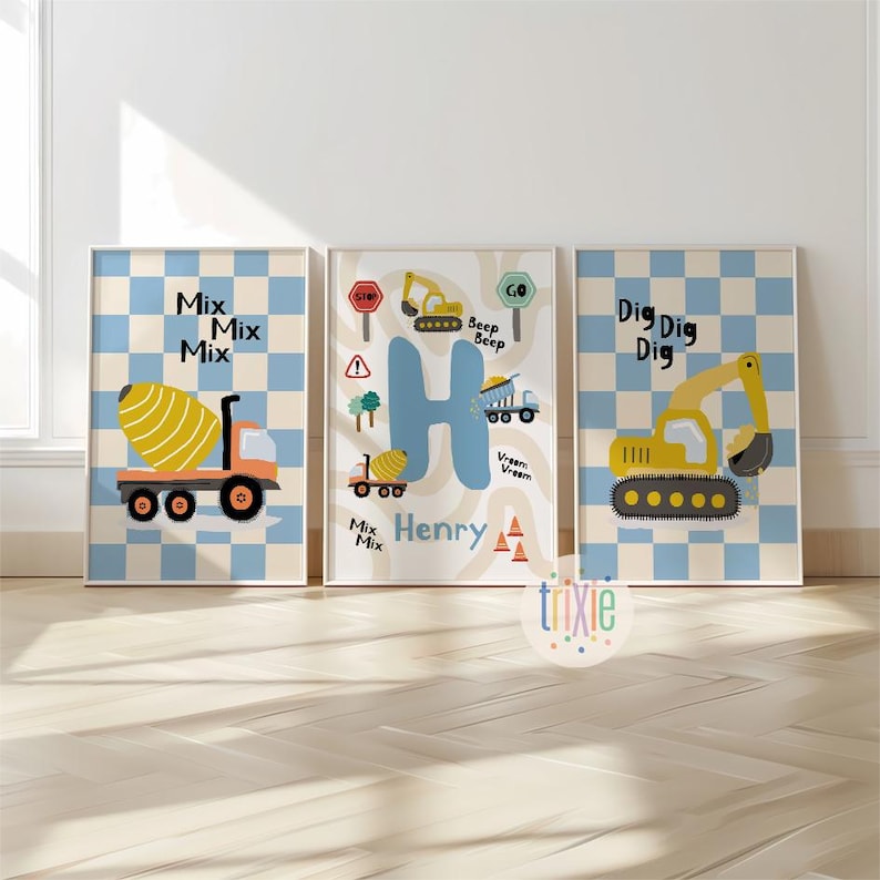 Set of 6, Construction Vehicle Prints, Boys Bedroom, Trucks and Diggers ...