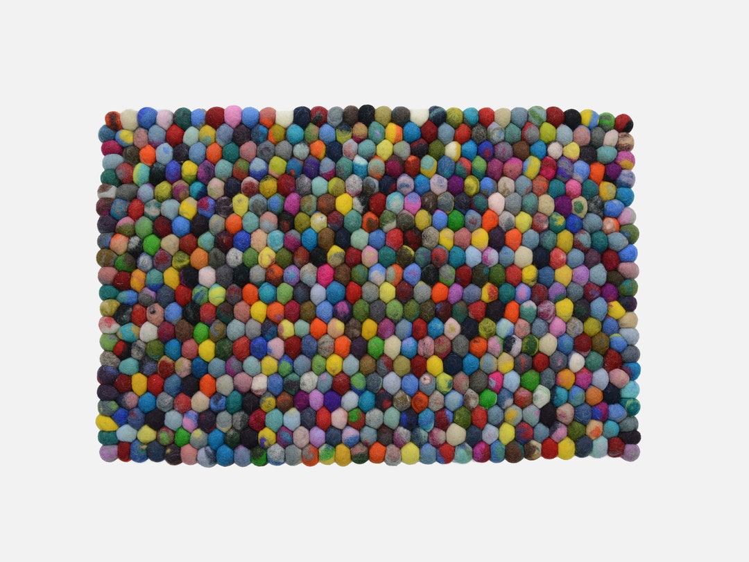 Multi Color Tie Dye Felt Ball Rug Handmade Wool Ball Rugs Rectangular ...