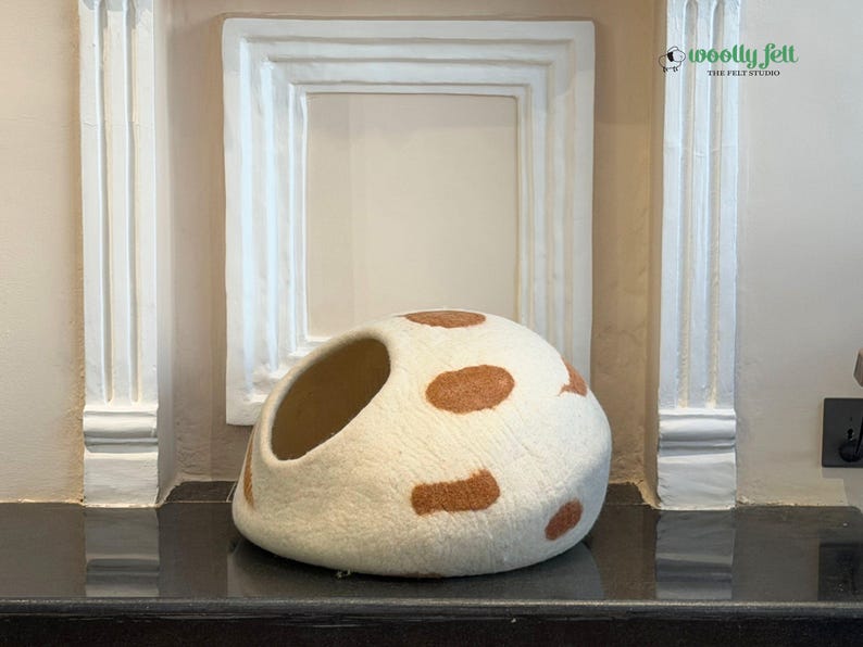 Handmade Wool Felt Cat Cave – White With Brown Spots, Cozy Pet Hideout ...