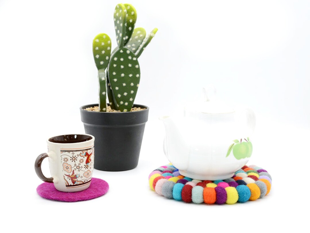 Set of 3 Felt Multi-color Trivet Handmade Rainbow Ball Trivet for Table ...