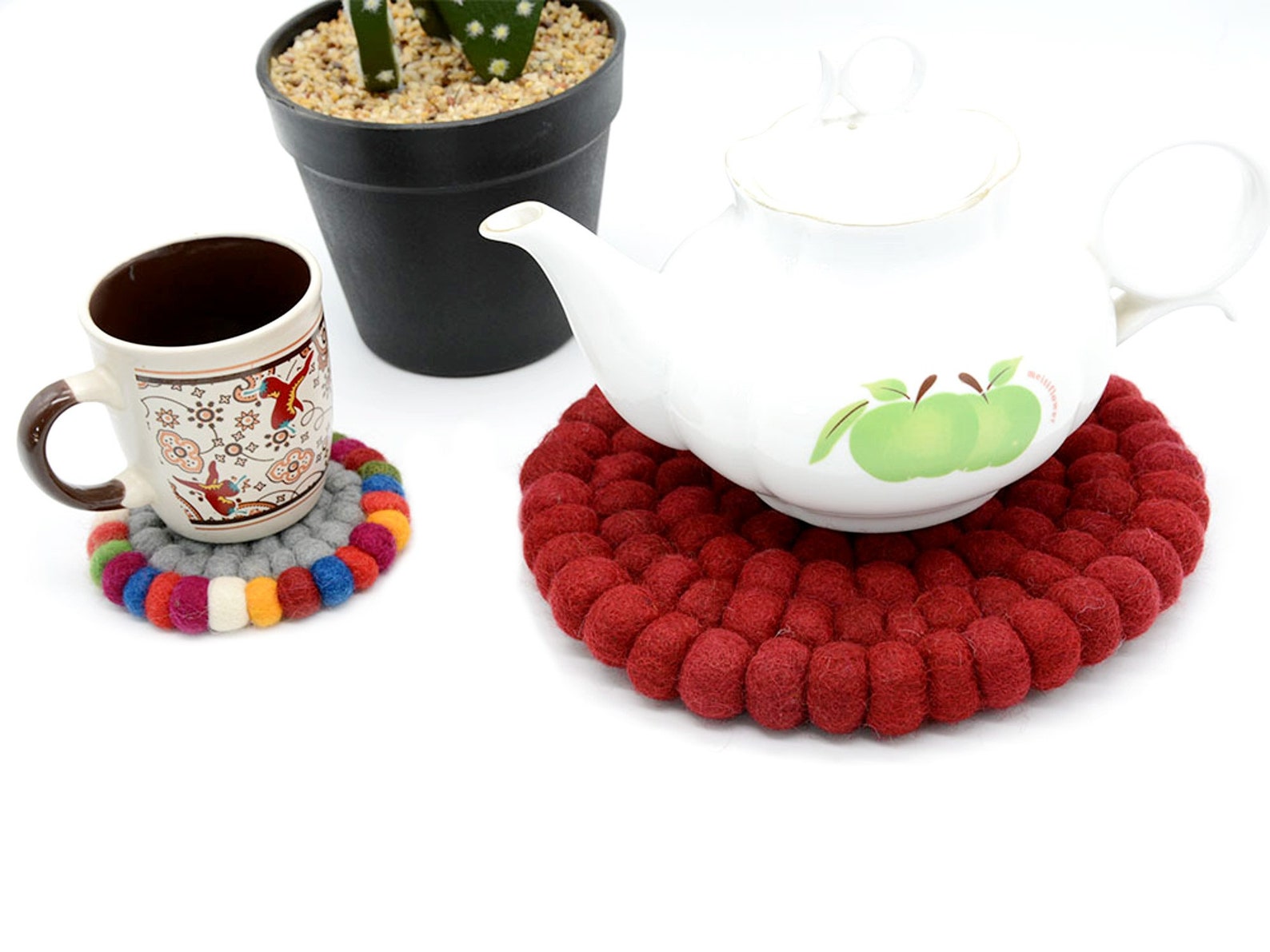 Set of 3 Handmade Maroon Wool Trivet Felt Ball Trivet Wool Felt Ball ...
