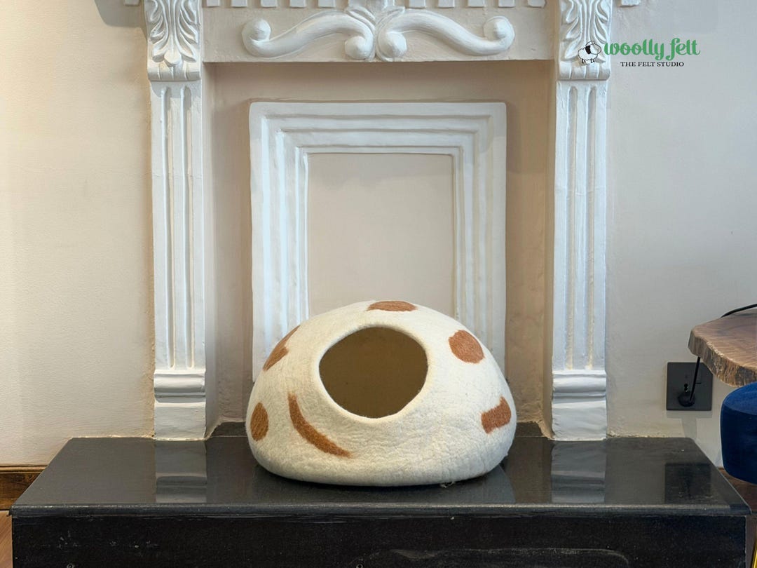Handmade Wool Felt Cat Cave – White With Brown Spots, Cozy Pet Hideout ...