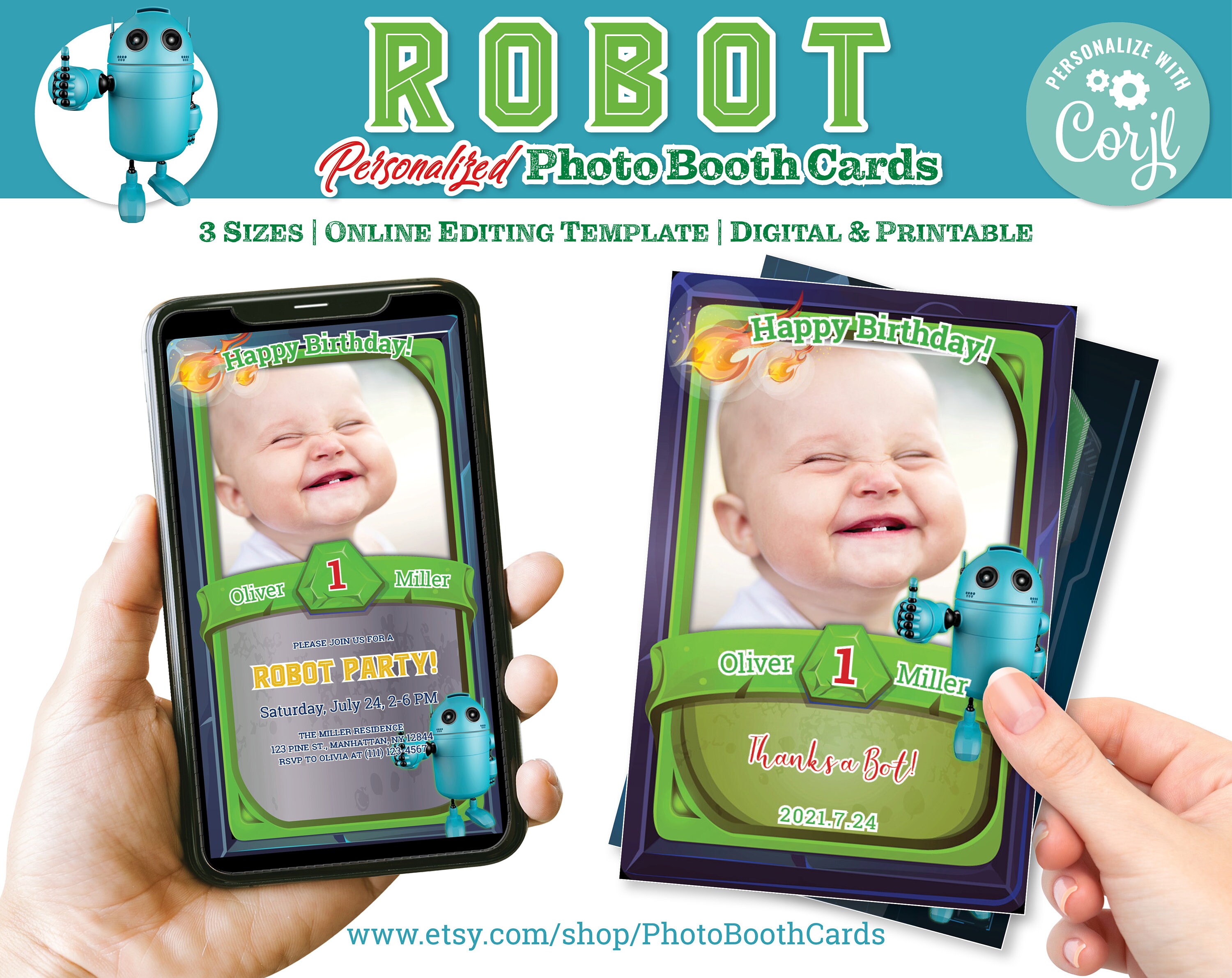 ROBOT Invitation Template, Printable Card, Boy Birthday Card Template ...