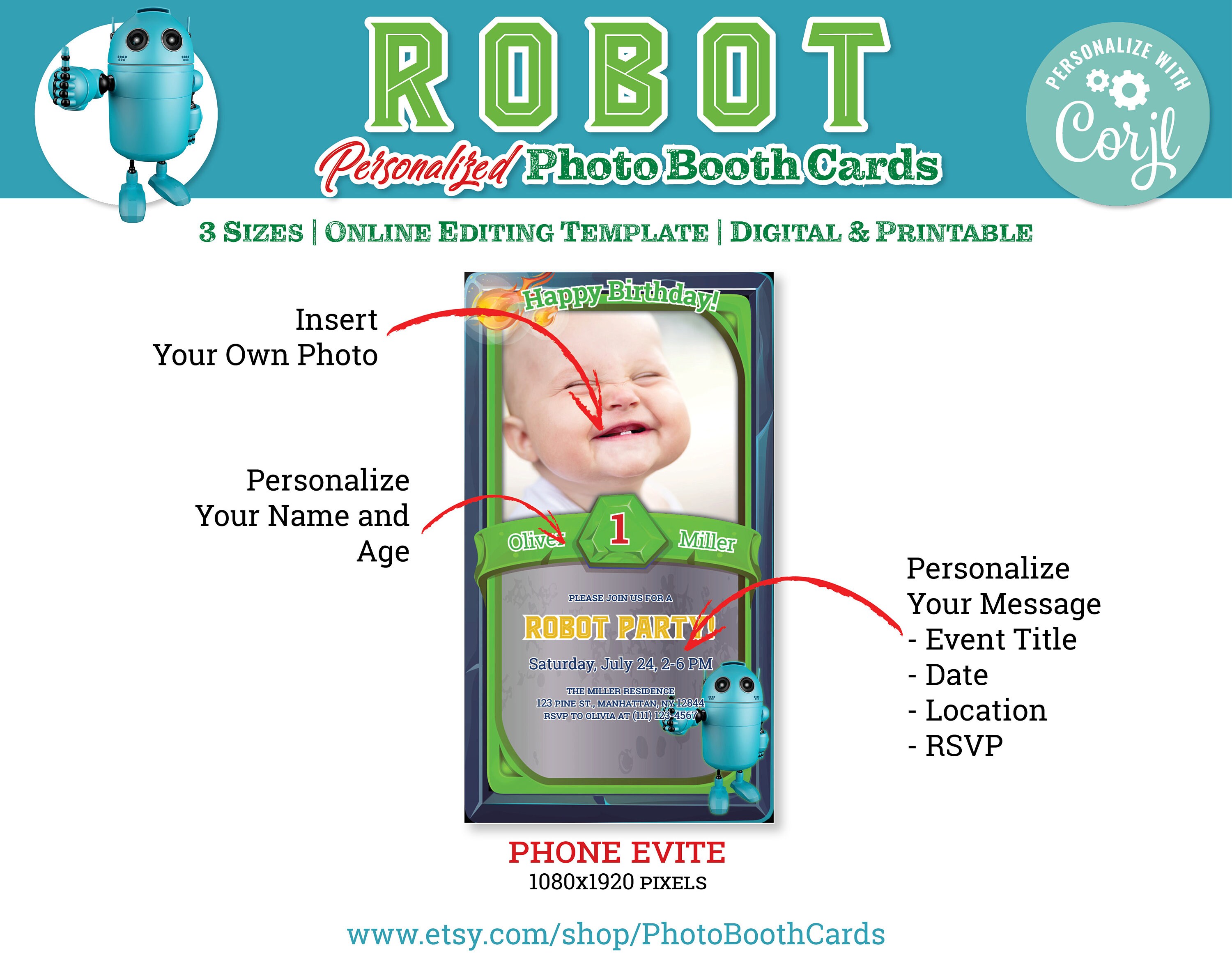 ROBOT Invitation Template, Printable Card, Boy Birthday Card Template ...