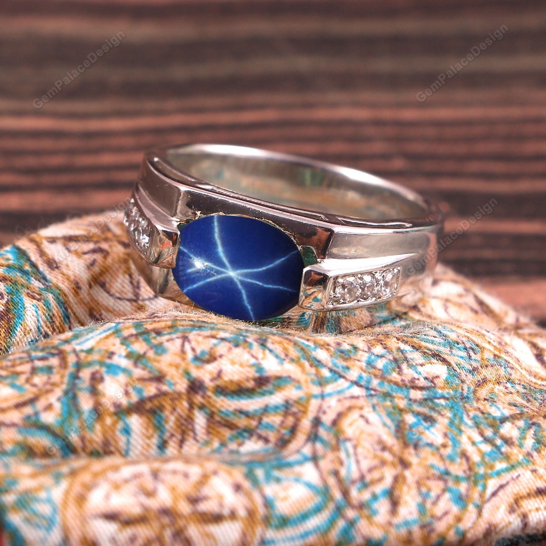 Blue Star Sapphire Ring, Cornflower Star Sapphire Ring, 925 Sterling ...