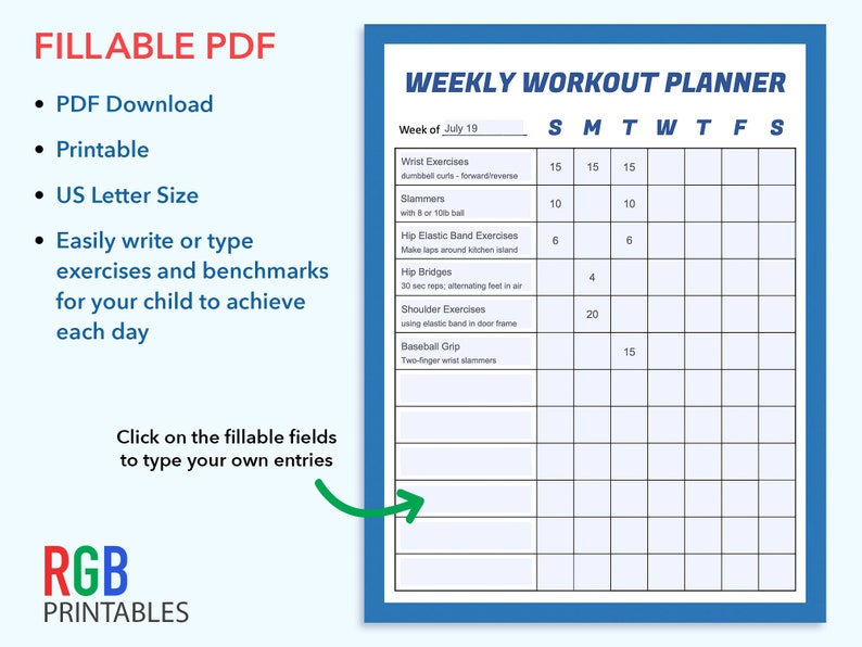 Kids Fillable PDF Printable Workout Planner, Editable Weekly Planner ...