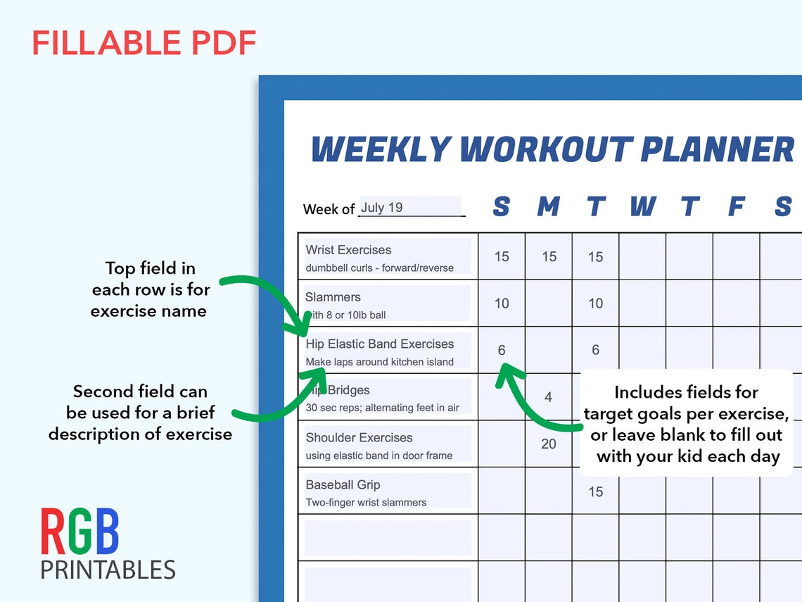 Kids Fillable PDF Printable Workout Planner, Editable Weekly Planner ...