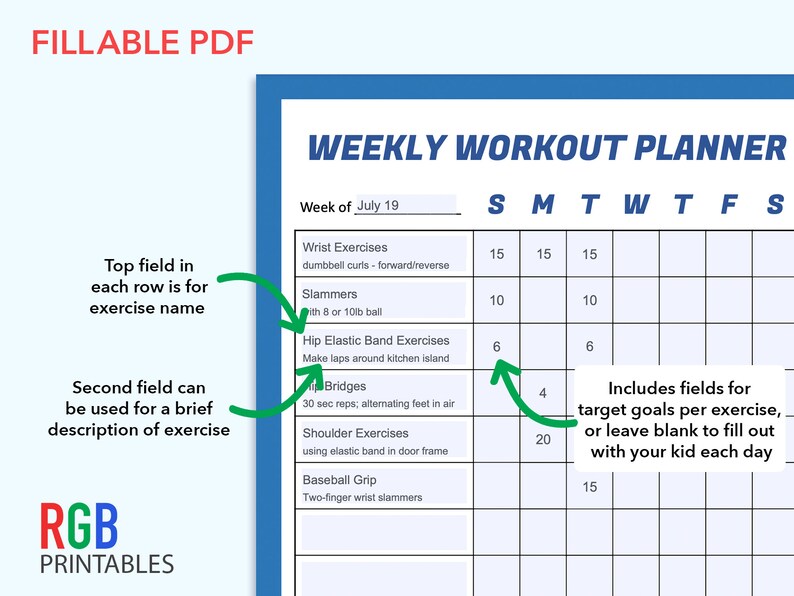 Kids Fillable PDF Printable Workout Planner Editable Weekly - Etsy