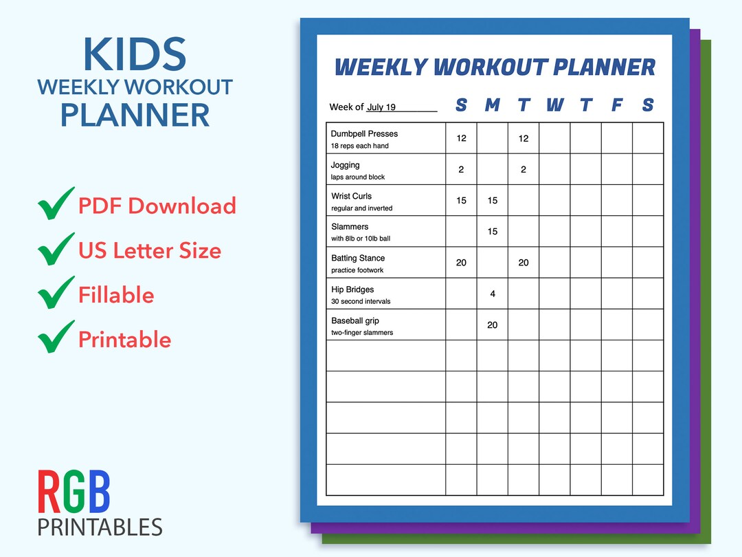 Kids Fillable PDF Printable Workout Planner, Editable Weekly Planner ...