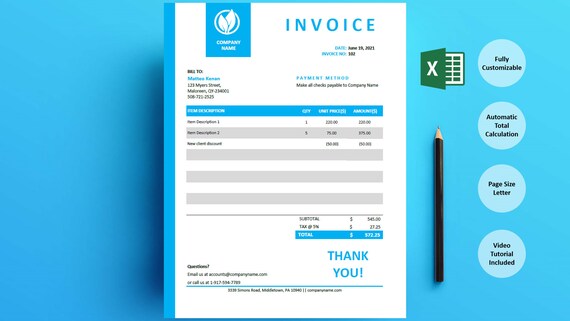 Modern Excel Invoice Template in Blue Auto Calculate Total | Etsy