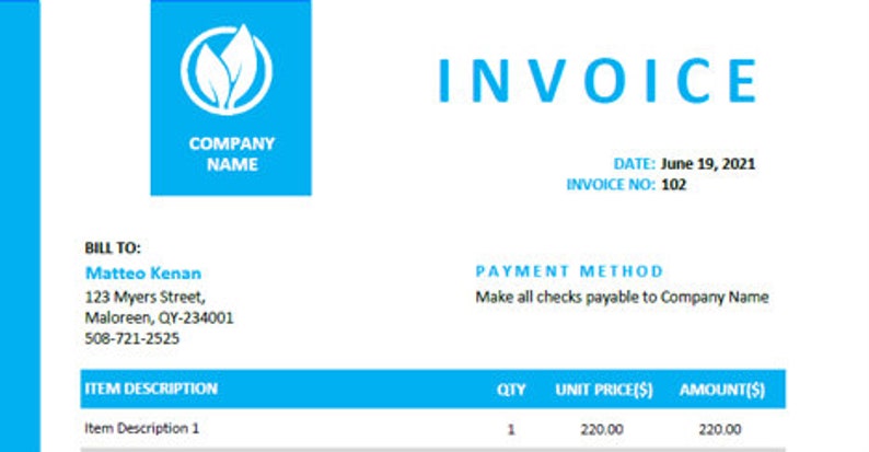 Modern Excel Invoice Template in Blue Auto Calculate Total Instant ...