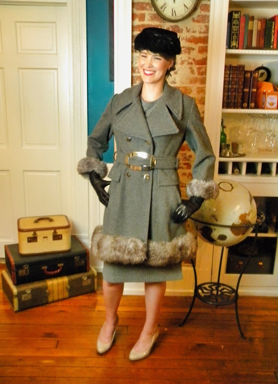 Vintage Union Made Wool Princess Coat With Sheepskin Fur Trim ...