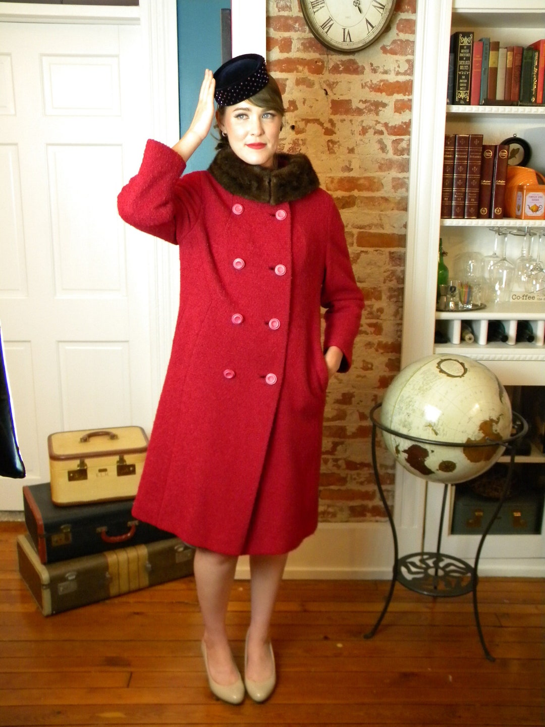 Vintage Nubby Red Wool Boucle Double Breasted Dress Coat With Brown ...
