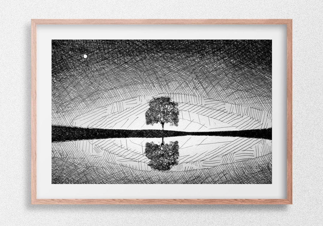 Single Tree Reflection Under Moon Sketch | Minimalist Art | Digital ...
