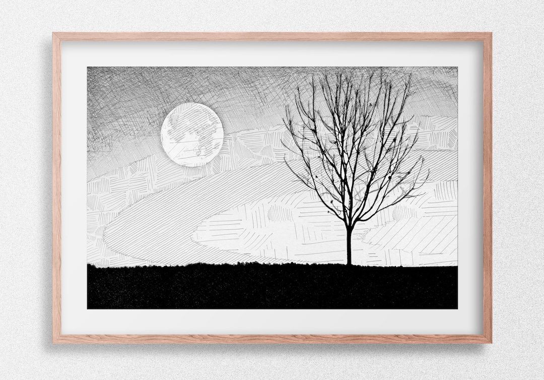 Moon in Night Sky, Sketch | Minimalist Art | Digital Artwork | Digital ...