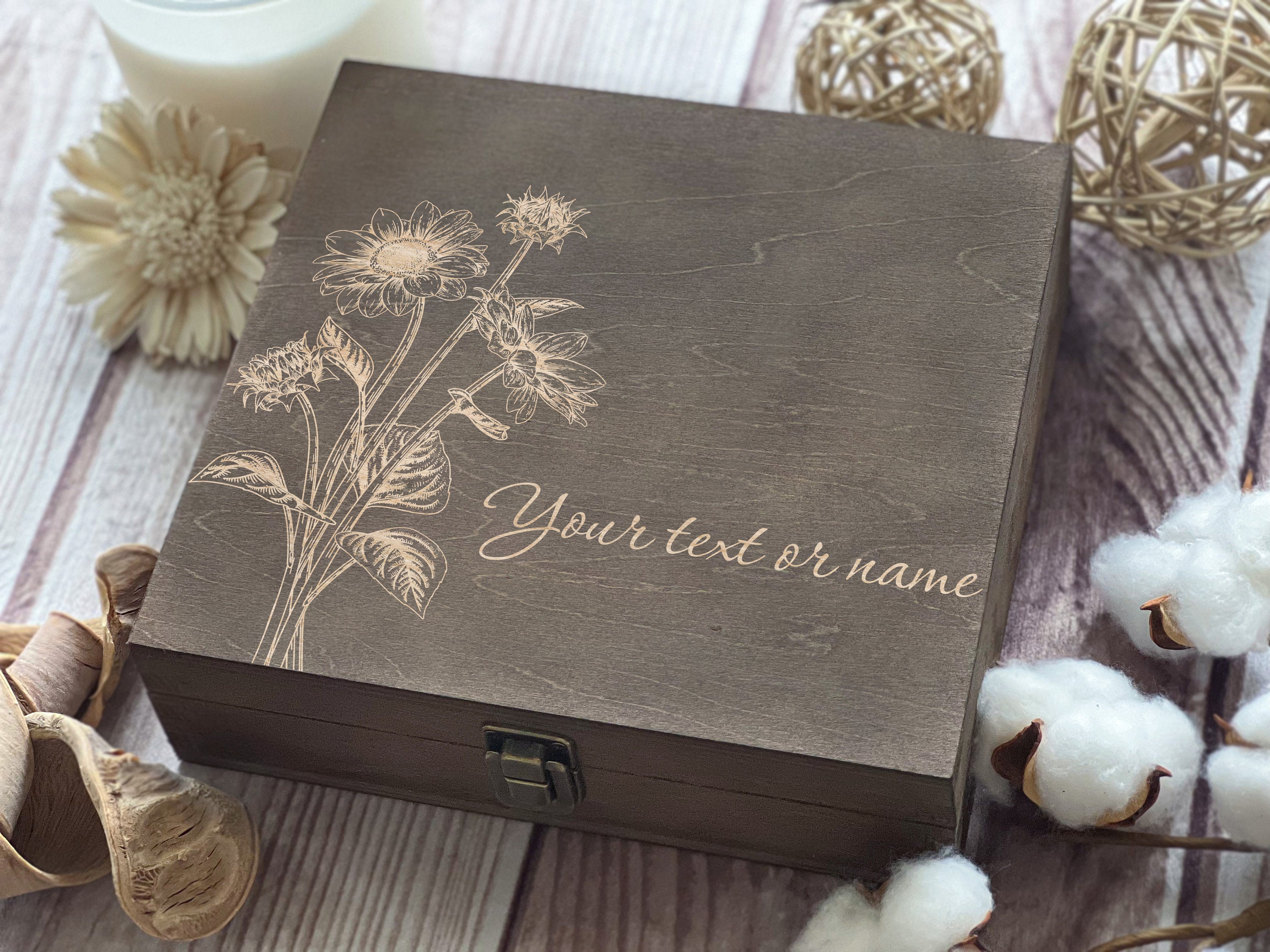 Personalized Sunflower Wooden Keepsake Box: Engraved Floral Memory Box ...