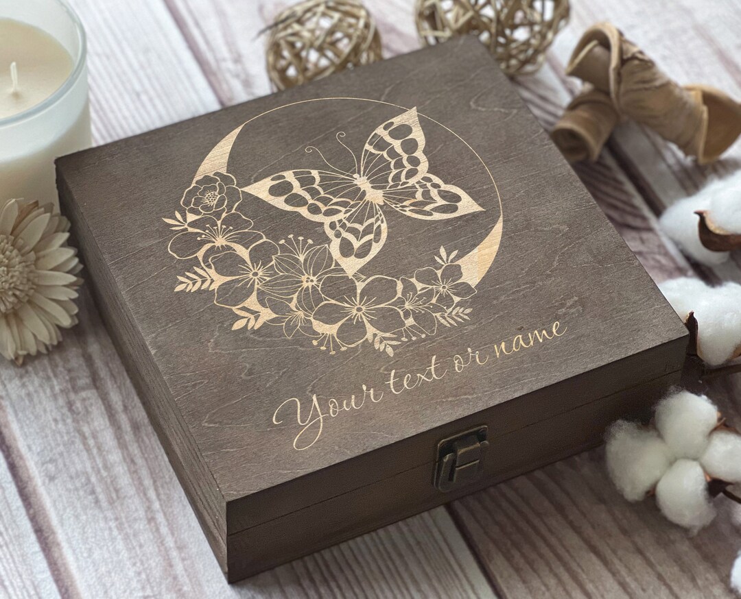 Personalized Wooden Keepsake Box: Butterfly & Flowers Engraved Memory ...