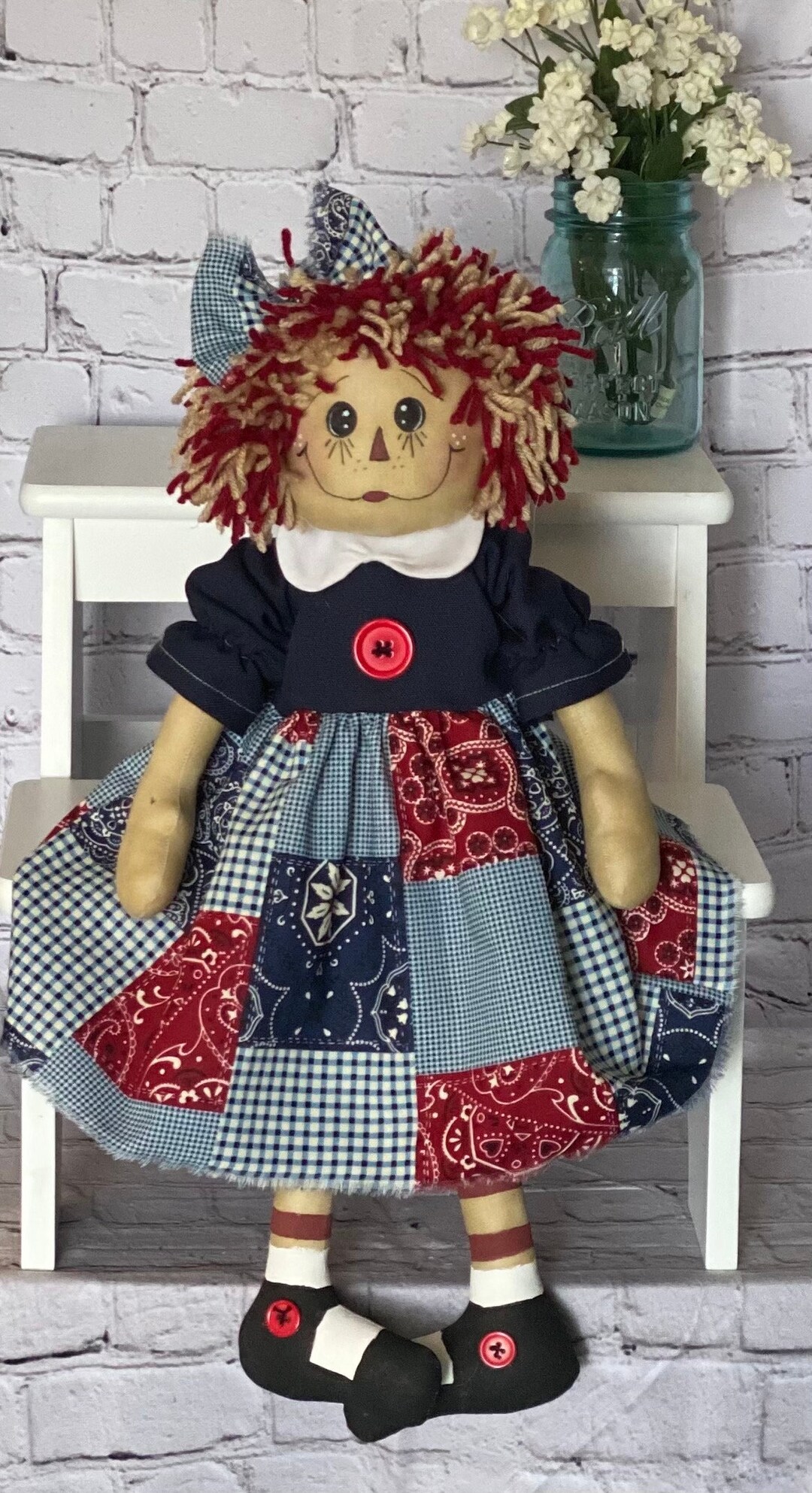 Patchwork Raggedy Ann Doll Handmade Primitive Whimsical Shelf Sitter Decor - Etsy