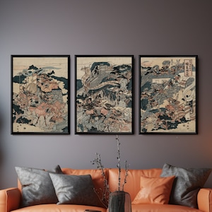 Samurai Art Triptych Battle Japanese Warriors Vintage Posters Set of 3 ...
