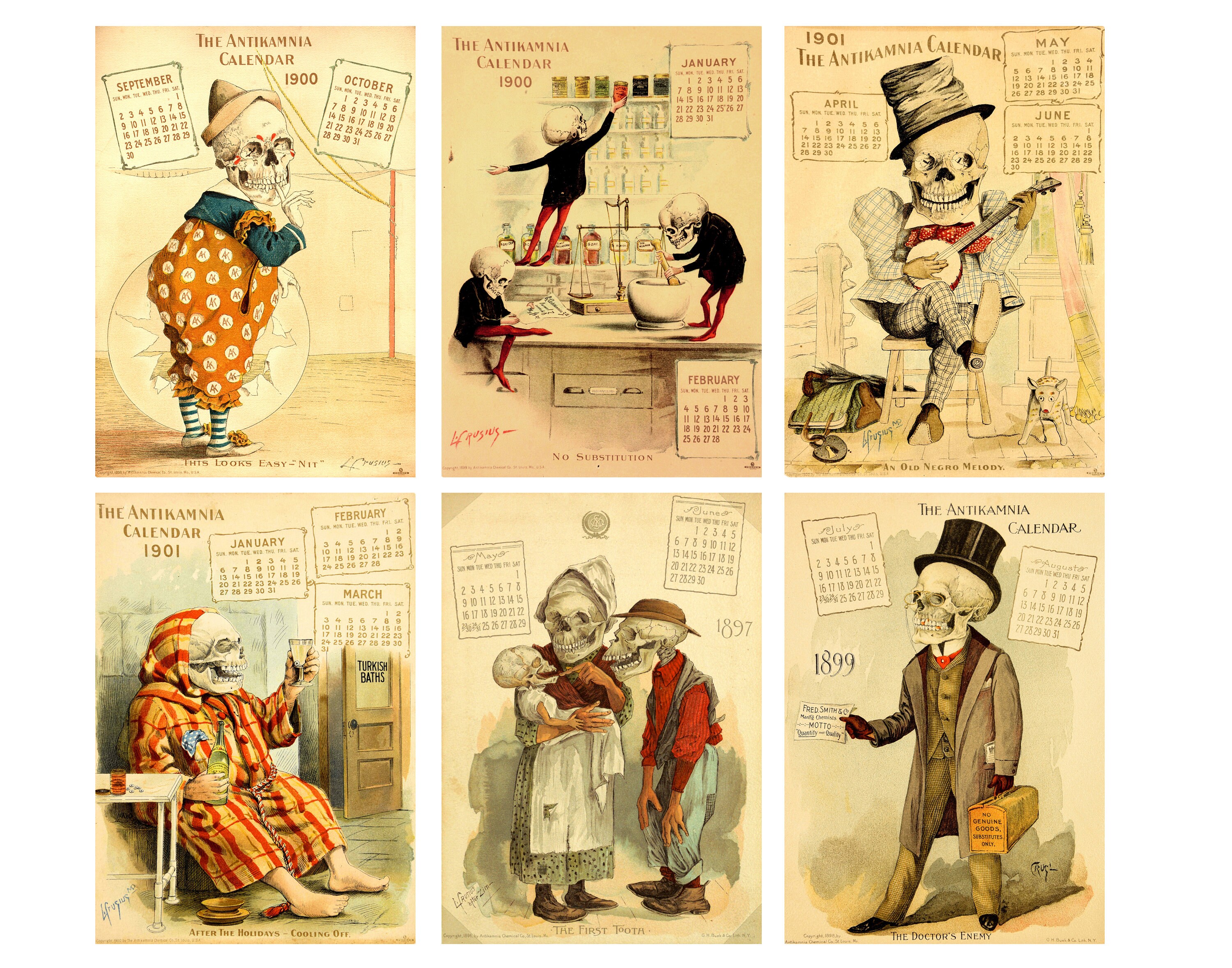 Antikamnia Skeleton Medical Calendar Postcards Set of 24 Reproductions ...