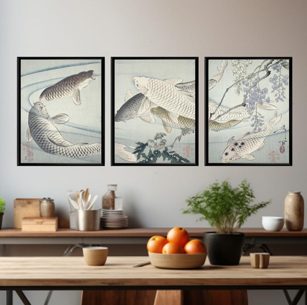 Japanese Koi Fish and Wisteria Triptych, Tsukioka Yoshitoshi Ukiyo-e ...