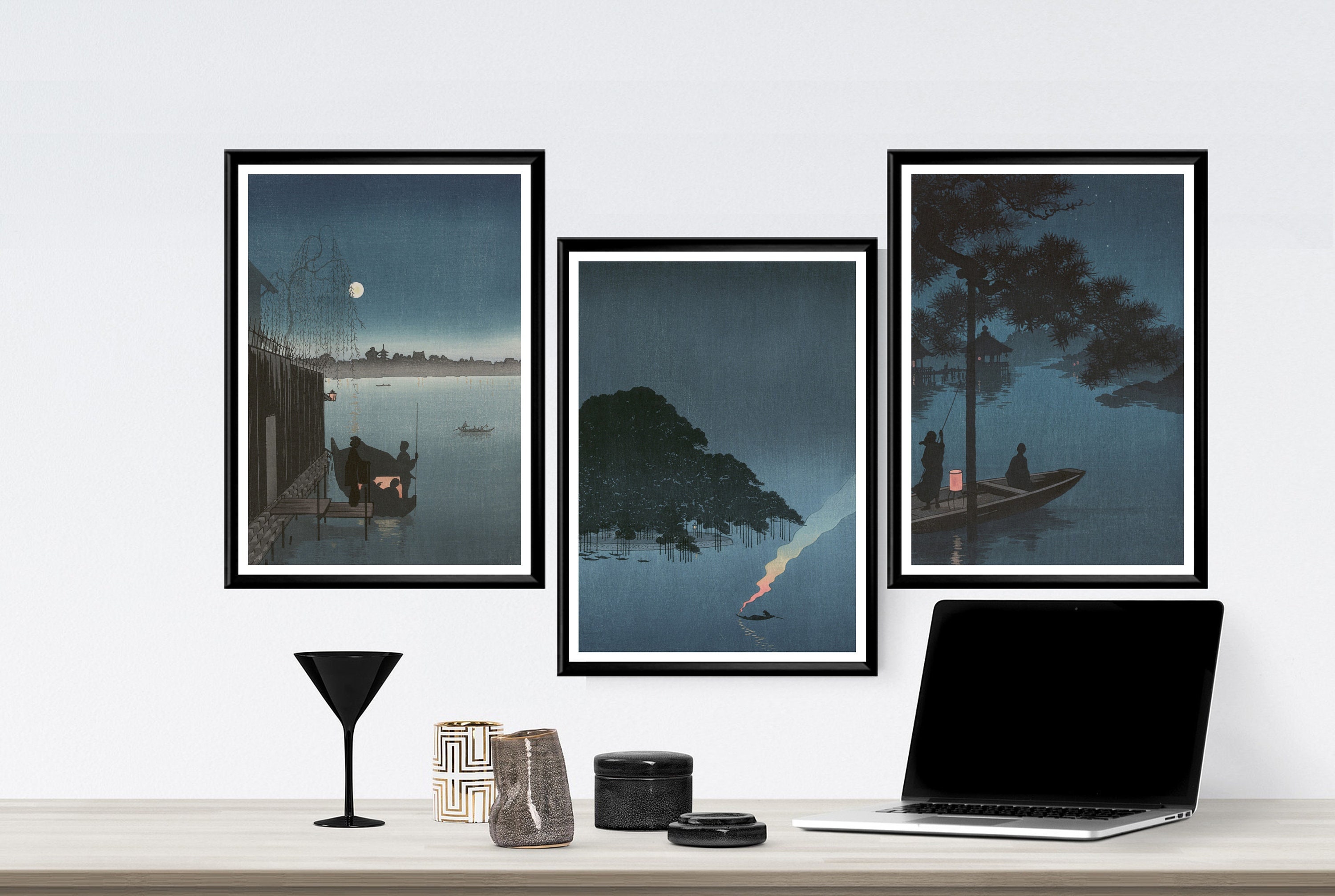 Moonlit Prints Night Japanese Posters Set Night Japanese Landscape ...