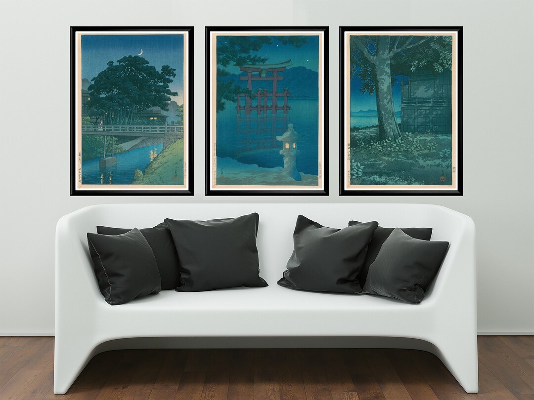 Moonlit Japanese Posters Set of 3 - Vintage Night Landscapes, Japanese ...