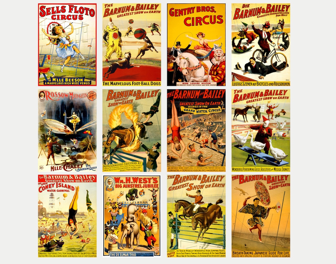 Set of 12 Circus Postcards, Vintage Circus Advertising Prints, Retro ...