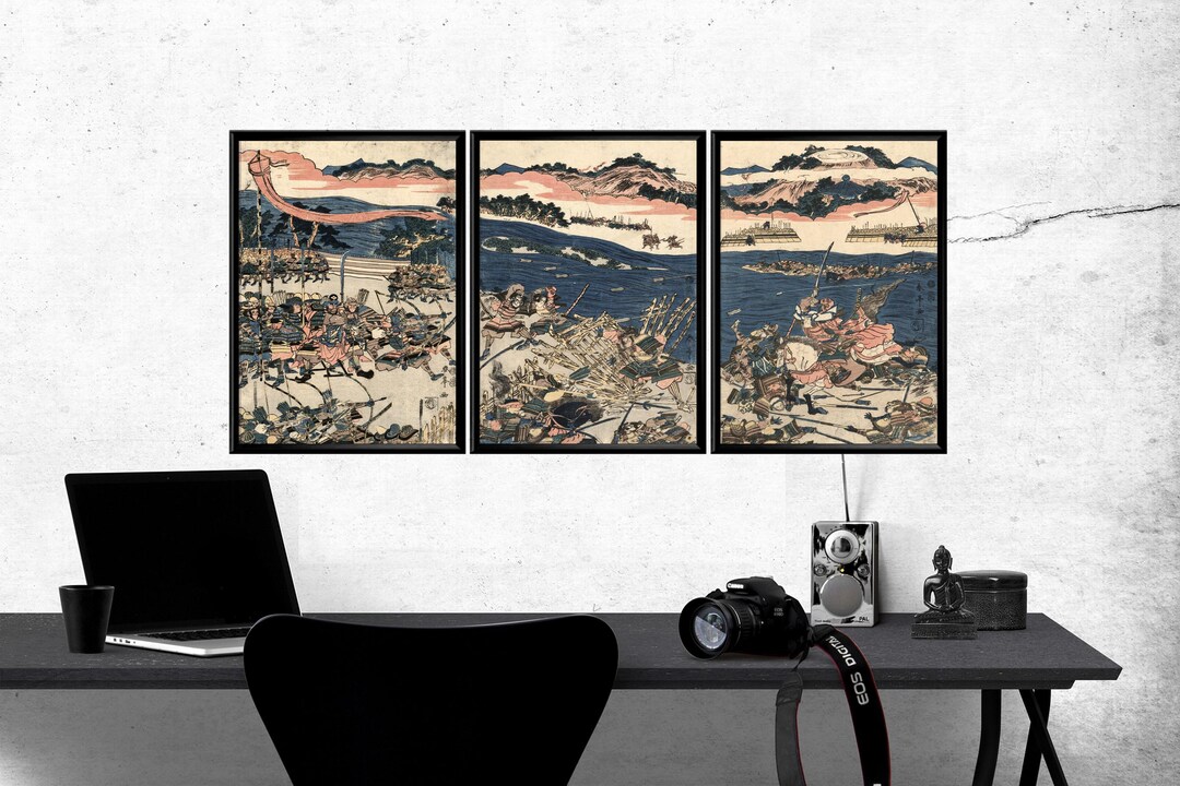 Japanese Samurai Battle Triptych Poster Set of 3 Vintage Ukiyo-e Wall ...