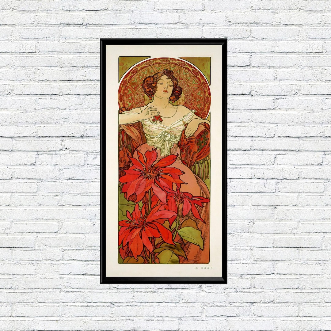 Alphonse Mucha Art Nouveau Ruby Woman Poster, Vintage Precious Stones ...