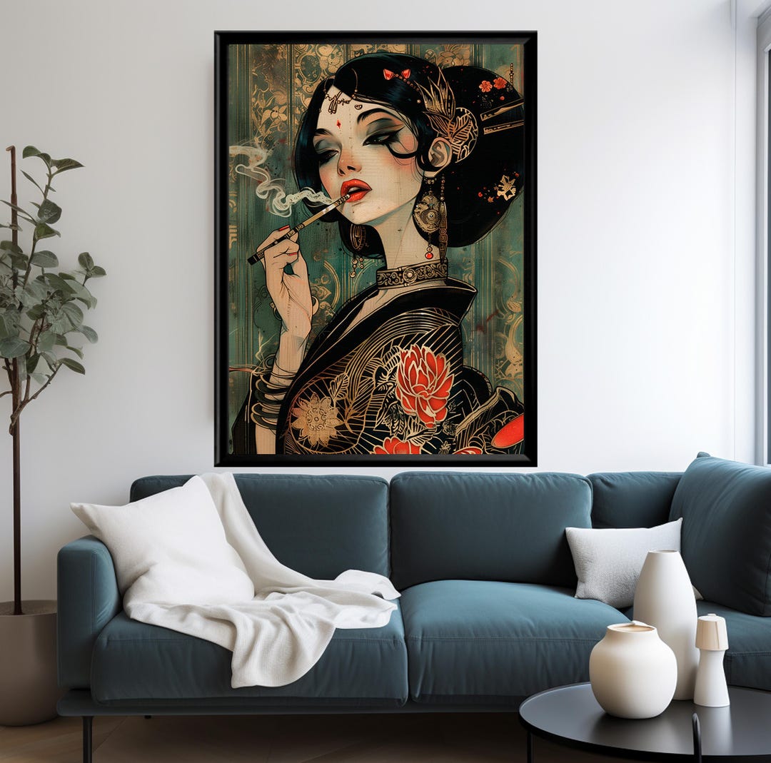 Art Deco Japanese Woman Smoking Poster, Geisha Wall Art Print, Retro ...