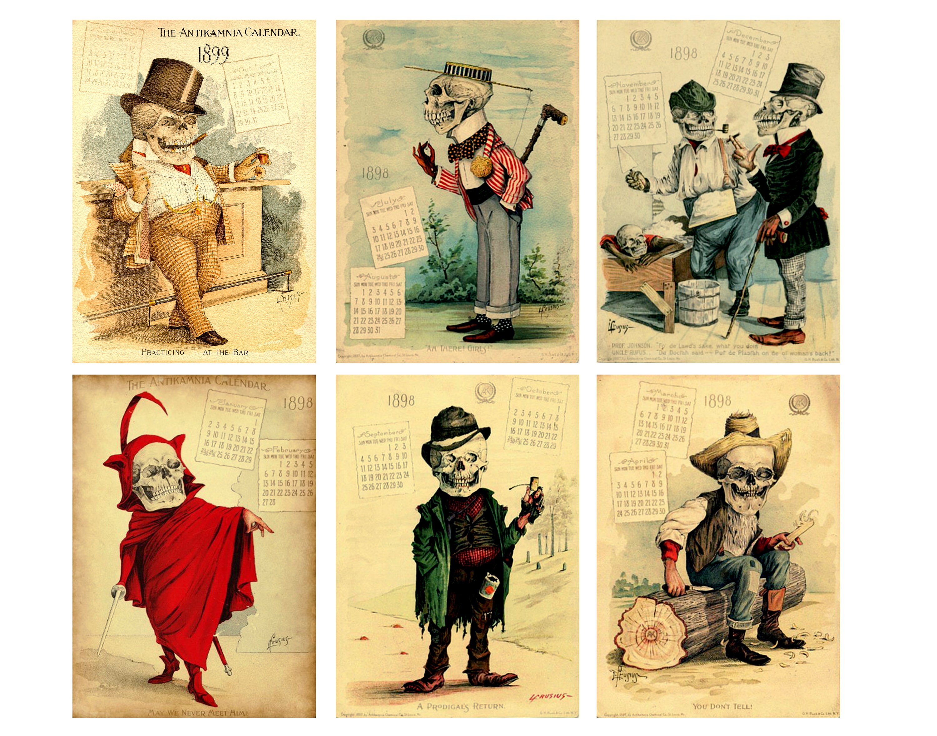 Antikamnia Skeleton Medical Calendar Postcards Set of 24 Reproductions ...